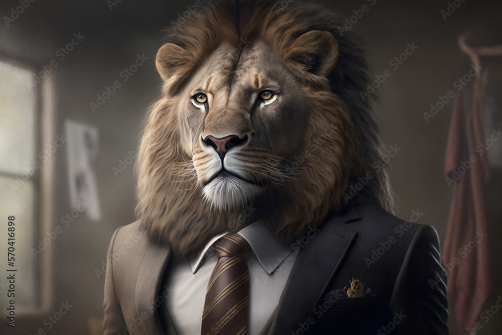 Portrait of a Lion Dressed in a Formal Business Suit at The Office ...