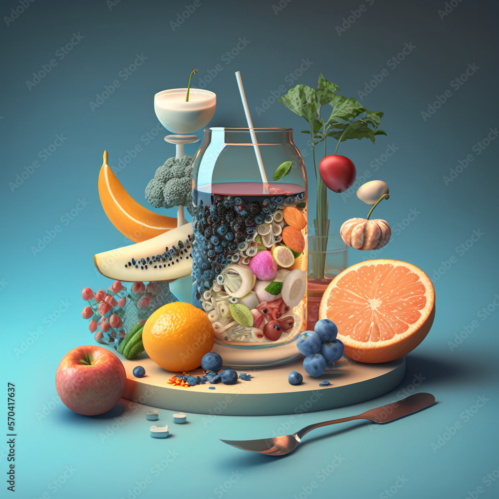 Generative Ai conceptual food 3d illustration, fresh fruits, hydration ...