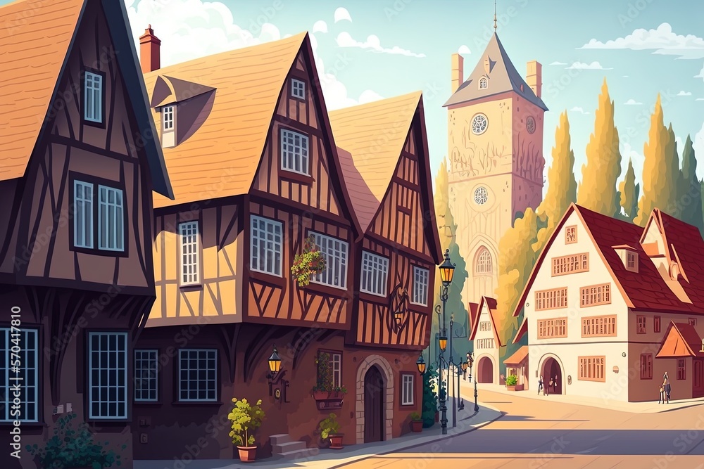 Cartoon drawing of a vintage city street lined with chalet-style homes ...