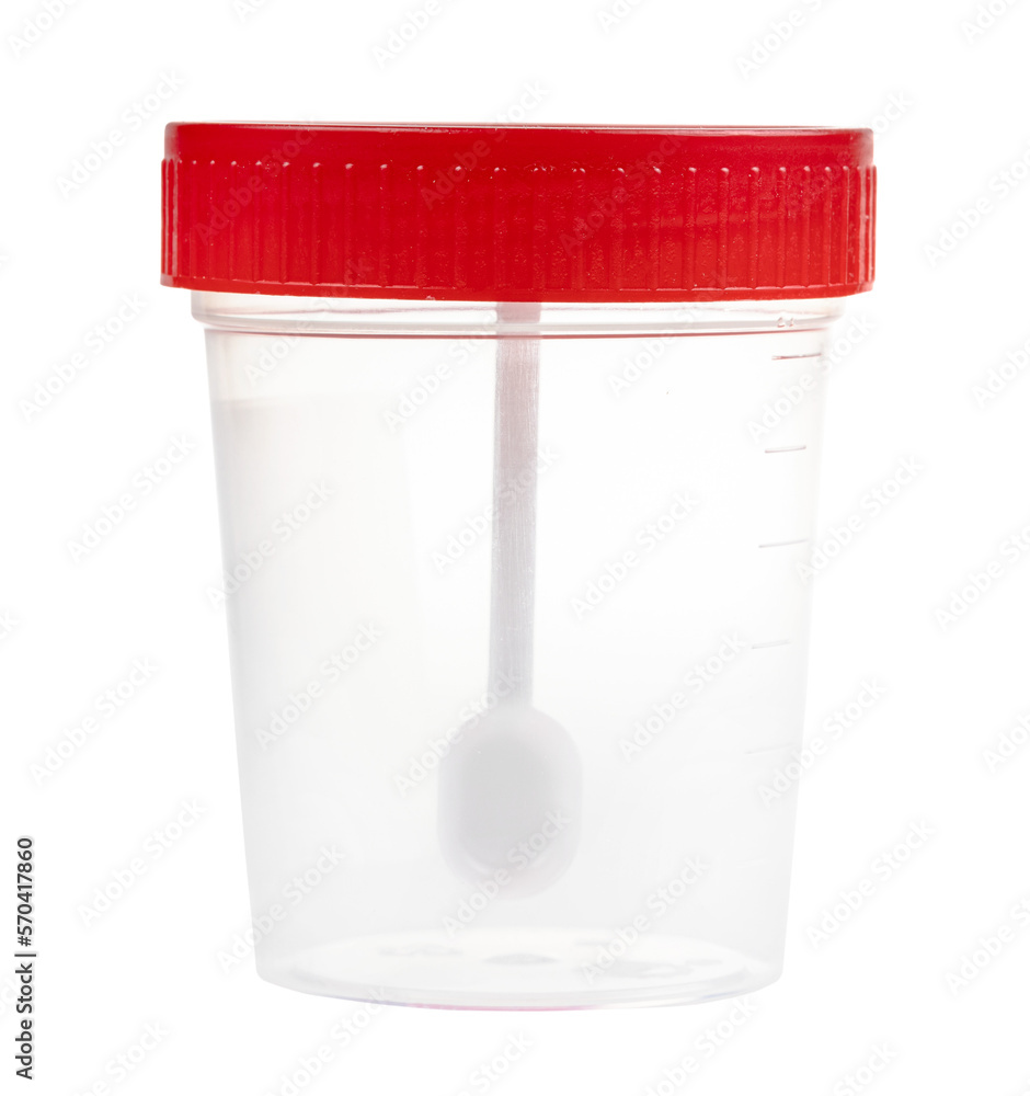 closed empty plastic stool sample collection container isolated on ...