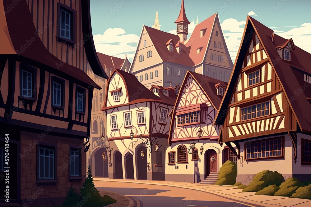A medieval village shown in cartoon form, with a historic city street ...