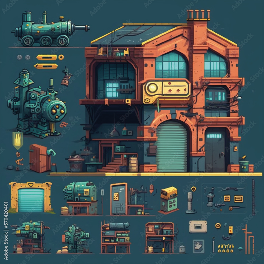 2d mmorpg game building. Ai Generated UI 2d game sprite sheets. Stock ...