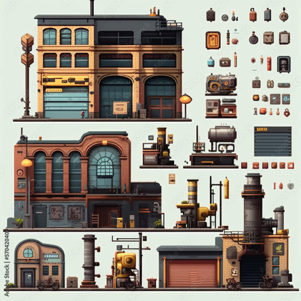 2d mmorpg game building. Ai Generated UI 2d game sprite sheets. Stock ...