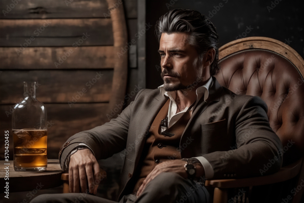 man sitting on elegant sofa in luxurious clothes and drinking whiskey ...