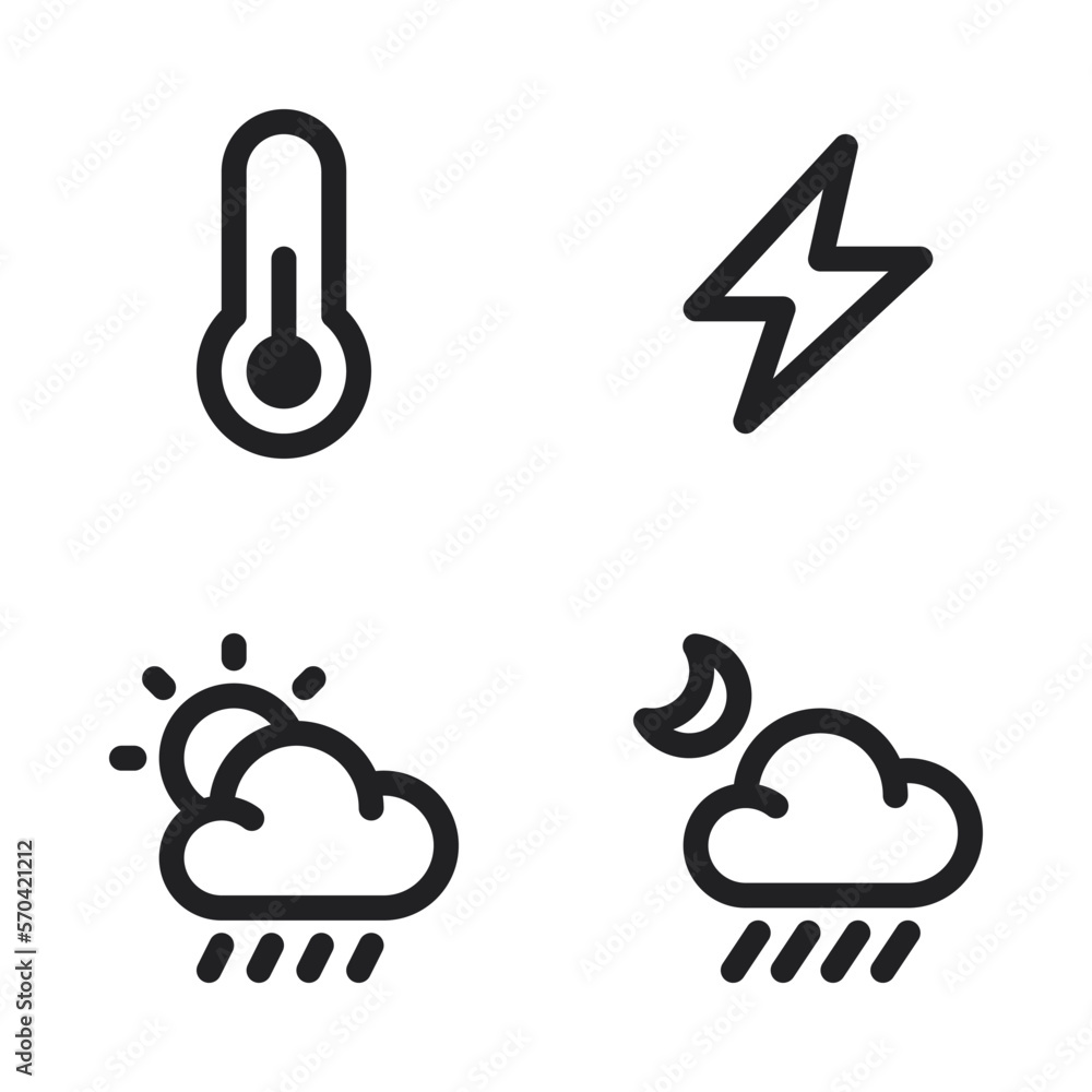 Weather icons set = thermometer, thunder, sun rainy, night rain ...