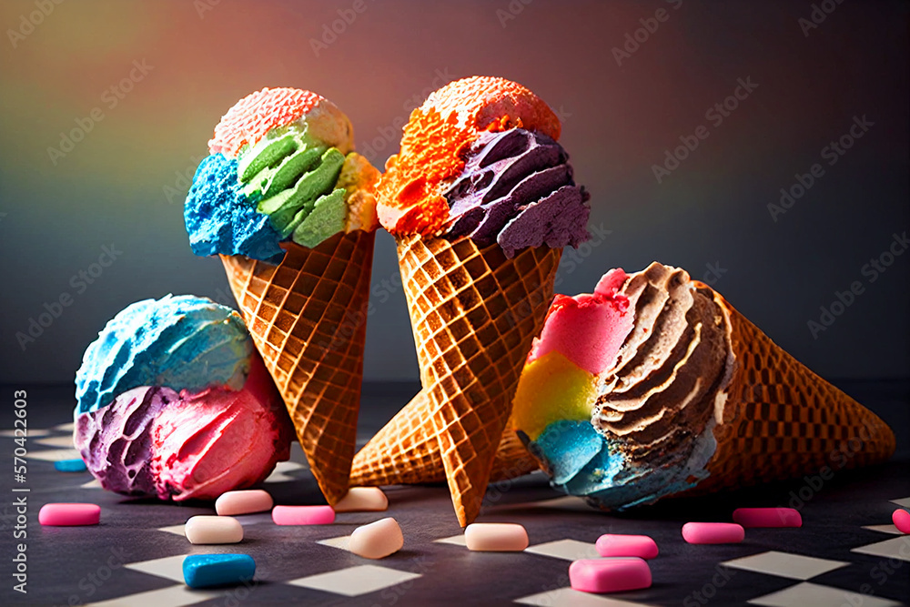 Ice cream Strawberry, vanilla, chocolate. Colorful ice cream balls in ...