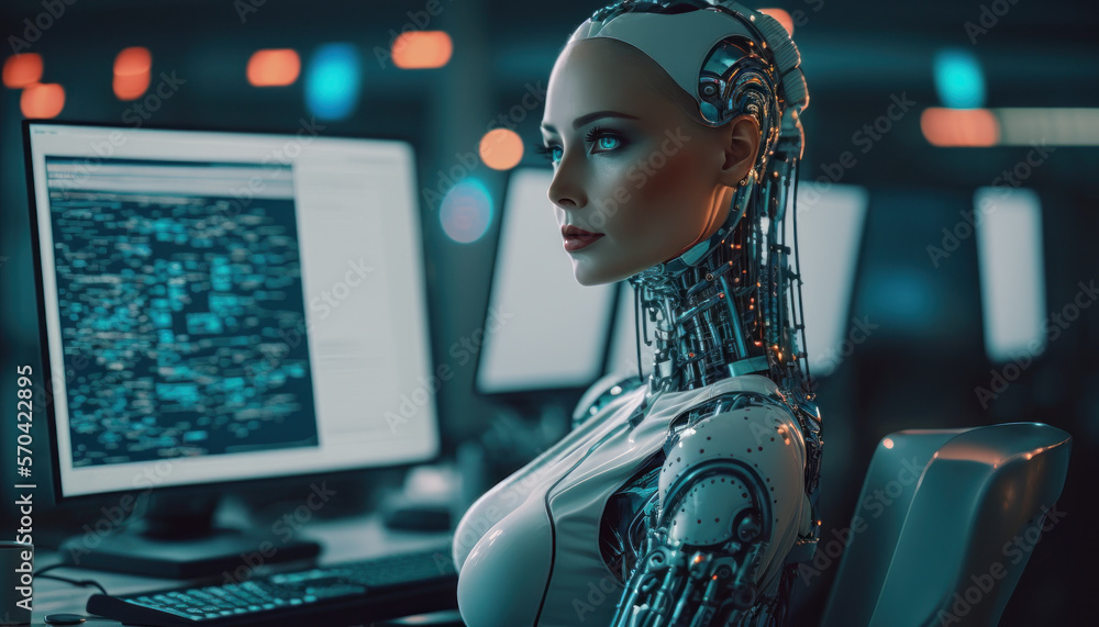 AI chatbot robot assistant sitting at desk using computer as artificial ...