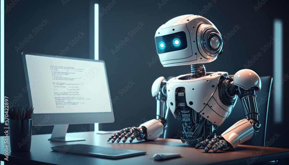 AI chatbot robot assistant sitting at desk using computer as artificial ...