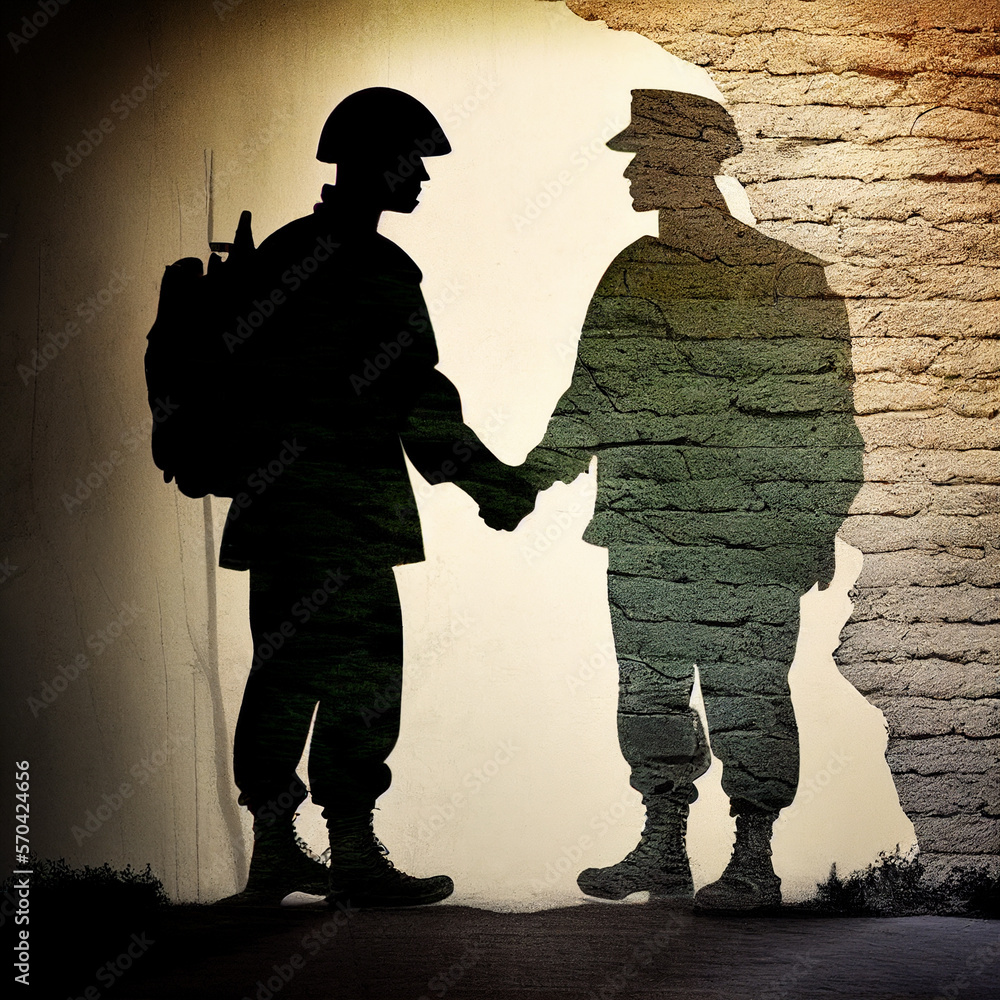 The shadow of two men on the wall in different military uniforms ...