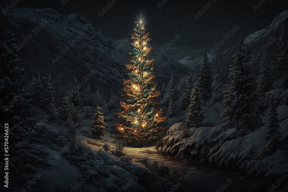 Lit up Christmas Tree outdoor. generative AI Stock Illustration | Adobe ...