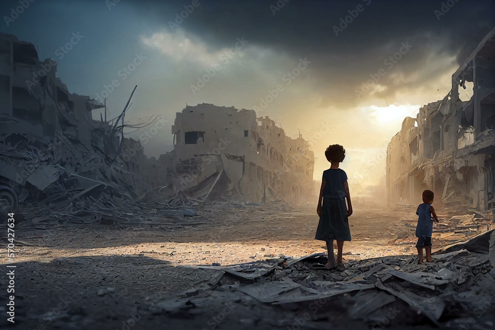 Digital concept art featuring a child overlooking the aftermath of ...