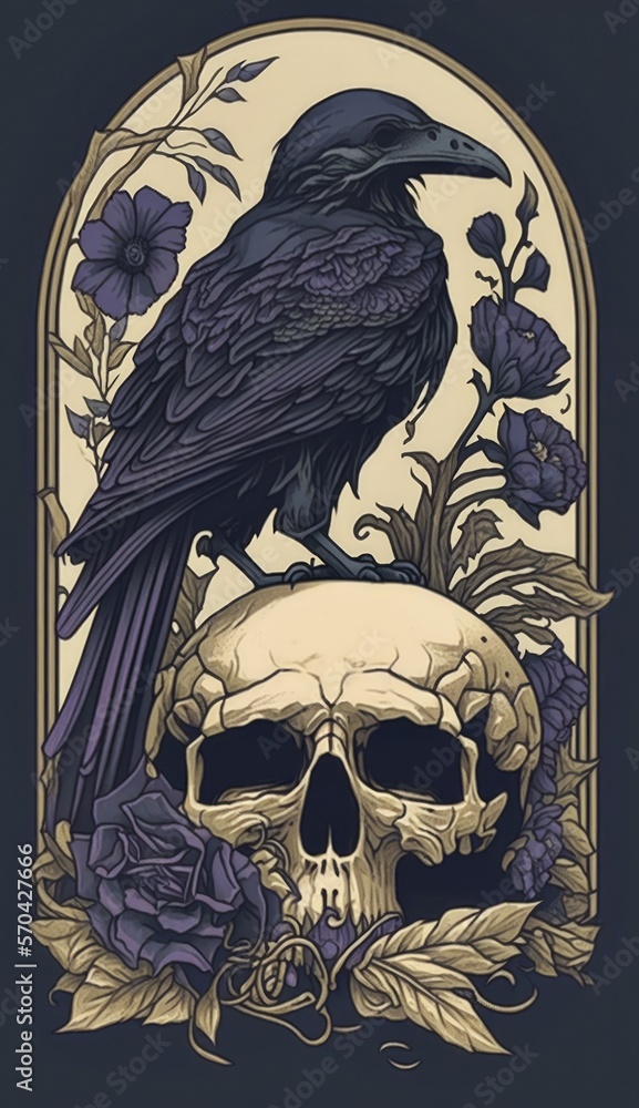 Raven sitting on skull Art Nouveau Poster, Illustration, AI Generative ...