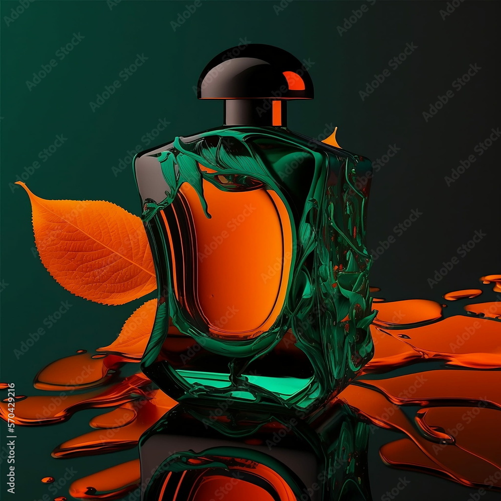 Emerald-Green and Orange Crystal Cologne Bottle Standing in a Metallic ...
