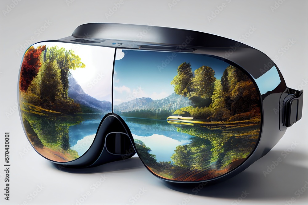 VR or virtual reality glasses with virtual and epic images reflected on ...