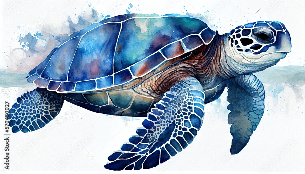 Watercolor illustration of blue turtle. isolated, white background, 16: ...