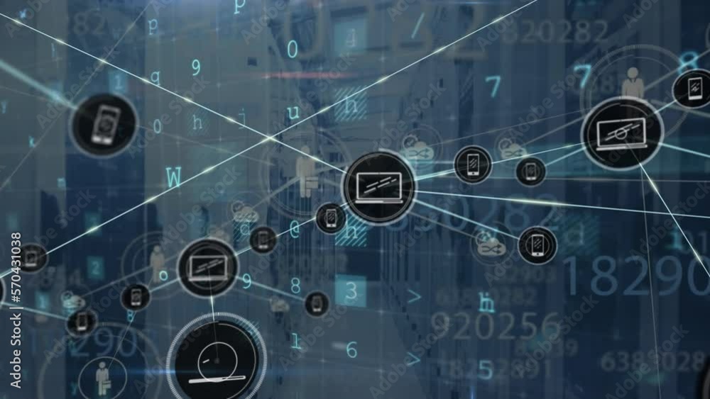 Animation of connected icons over multiple texts, symbols, letter and numbers against server ...