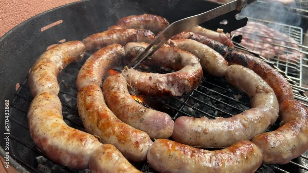 4K, BBQ with ribs pork, sausage, meatballs, grill in the garden of a ...