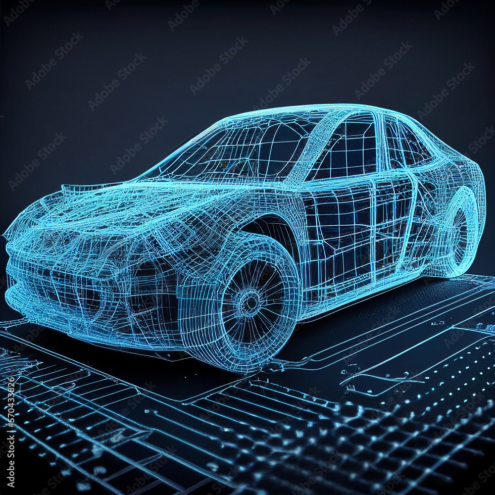Virtual simulation of a future electric vehicle displaying a wireframe ...