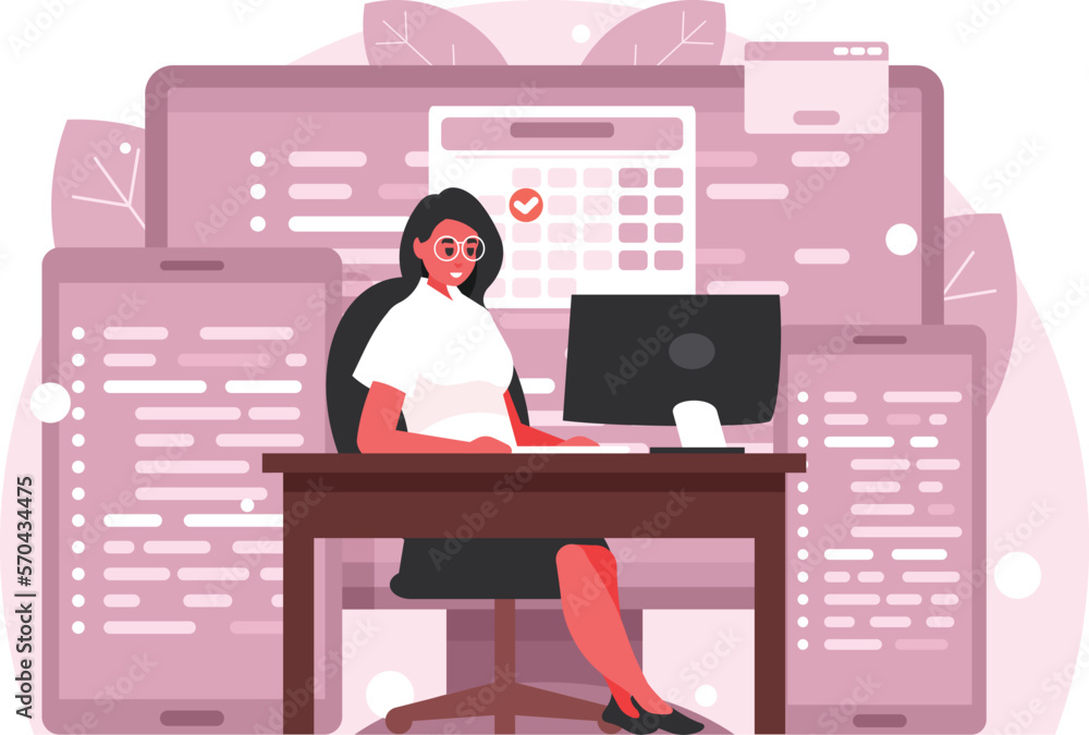 Vetor de Female programmer working at computer. Woman in the workplace working at PC. Scalable ...