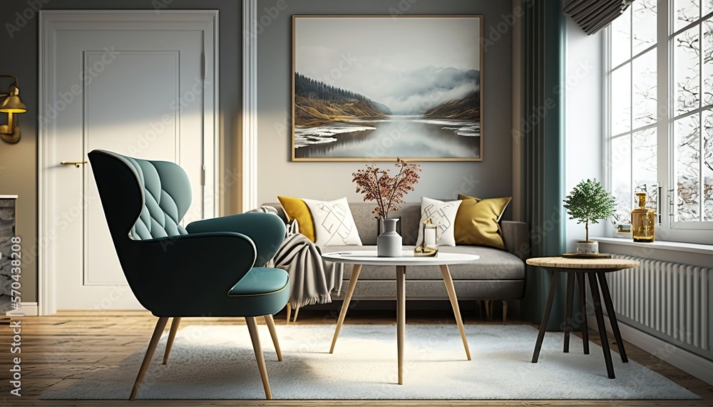 4K resolution or higher, Interior of modern living room with armchair ...