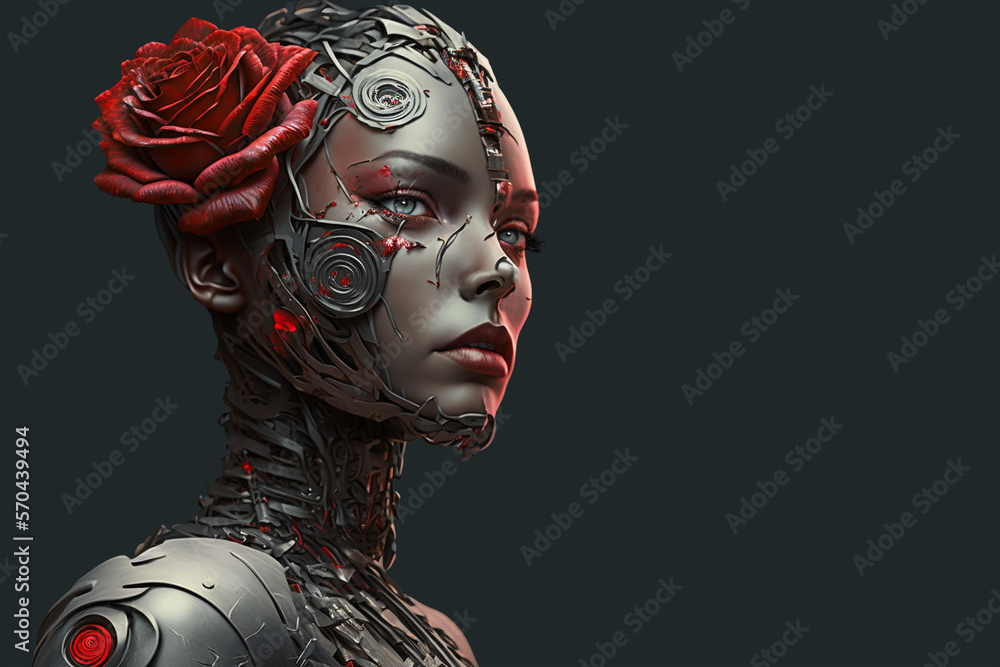Beautiful red and silver female cyborg wearing a red rose above her ear ...