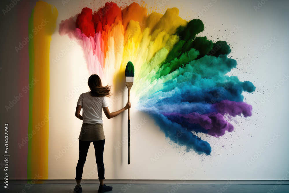 Rainbow color explosion on a white wall - Generative AI Stock ...