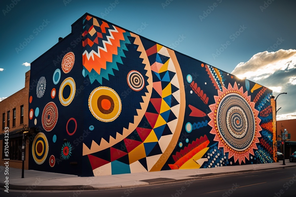Colorful mural on side of building with bold patterns and bright colors ...