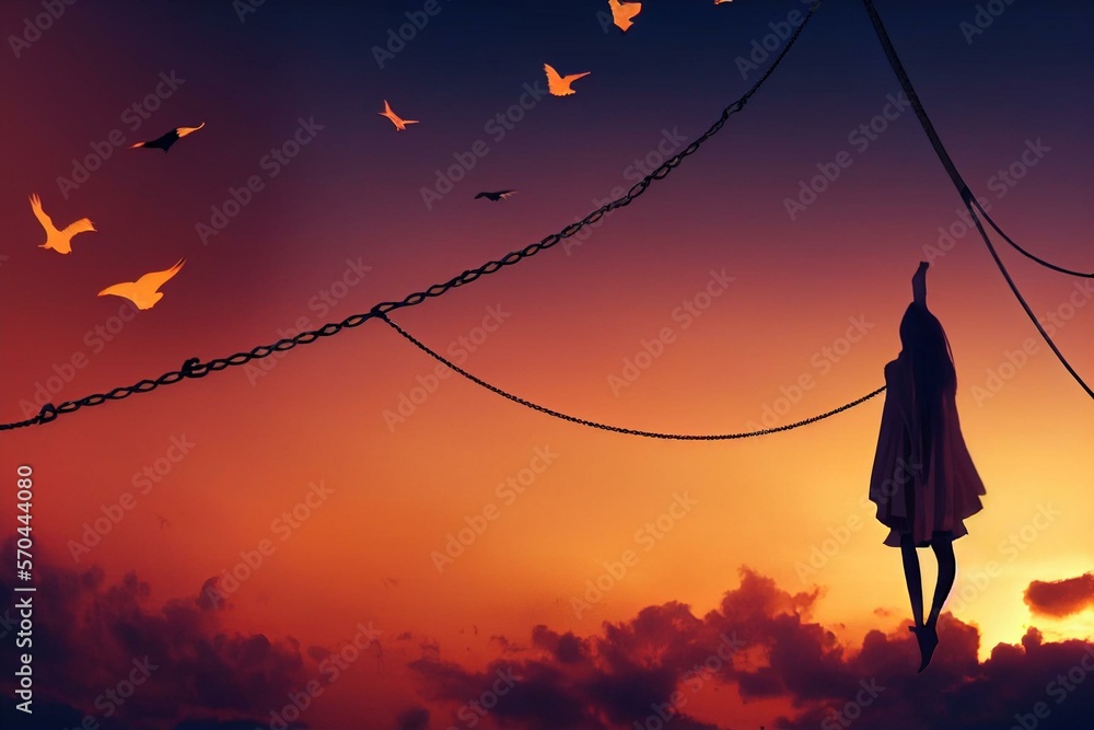 Freedom concept: Silhouette of bird flying and broken chains at sky ...