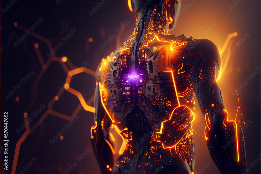 electronic circuit, close up of a male silhouette. The male figure and ...