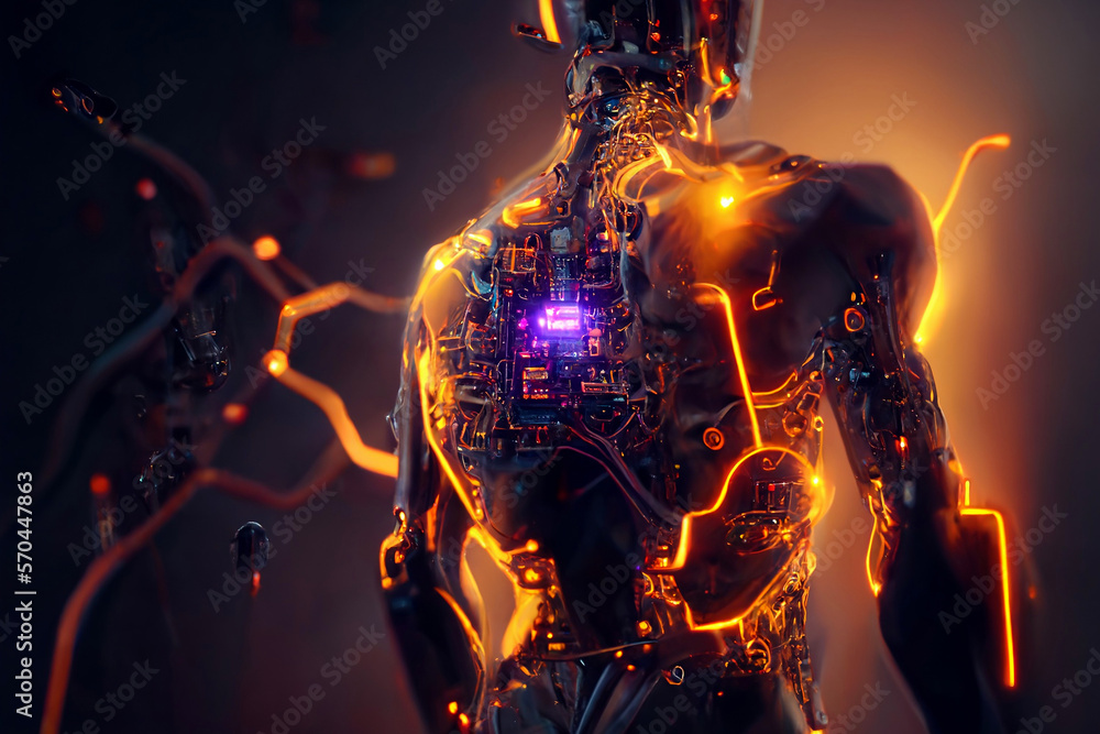 electronic circuit, close up of a male silhouette. The male figure and ...