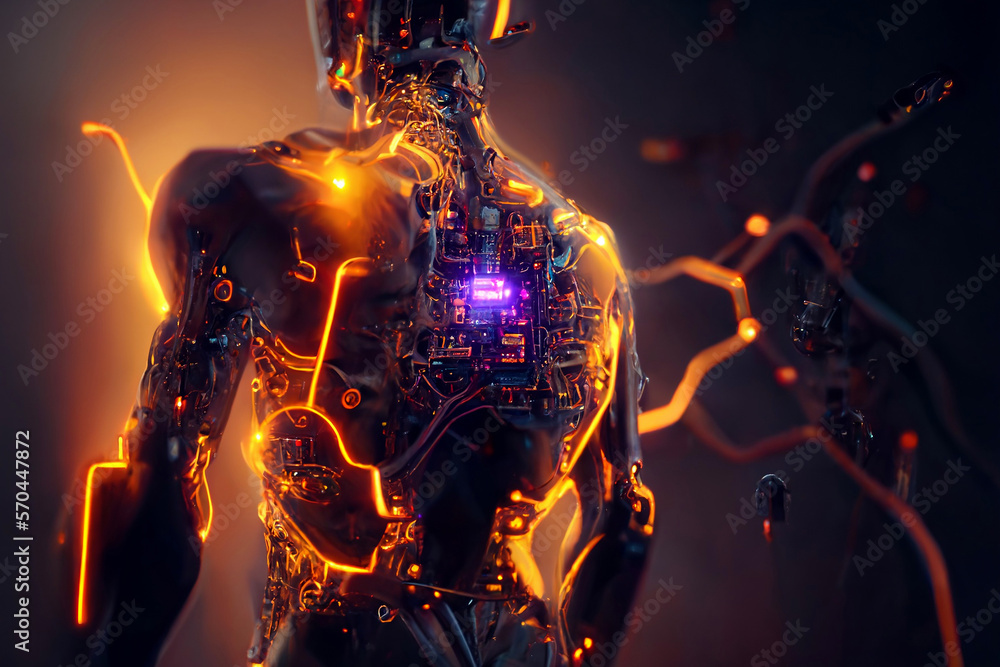 electronic circuit, close up of a male silhouette. The male figure and ...