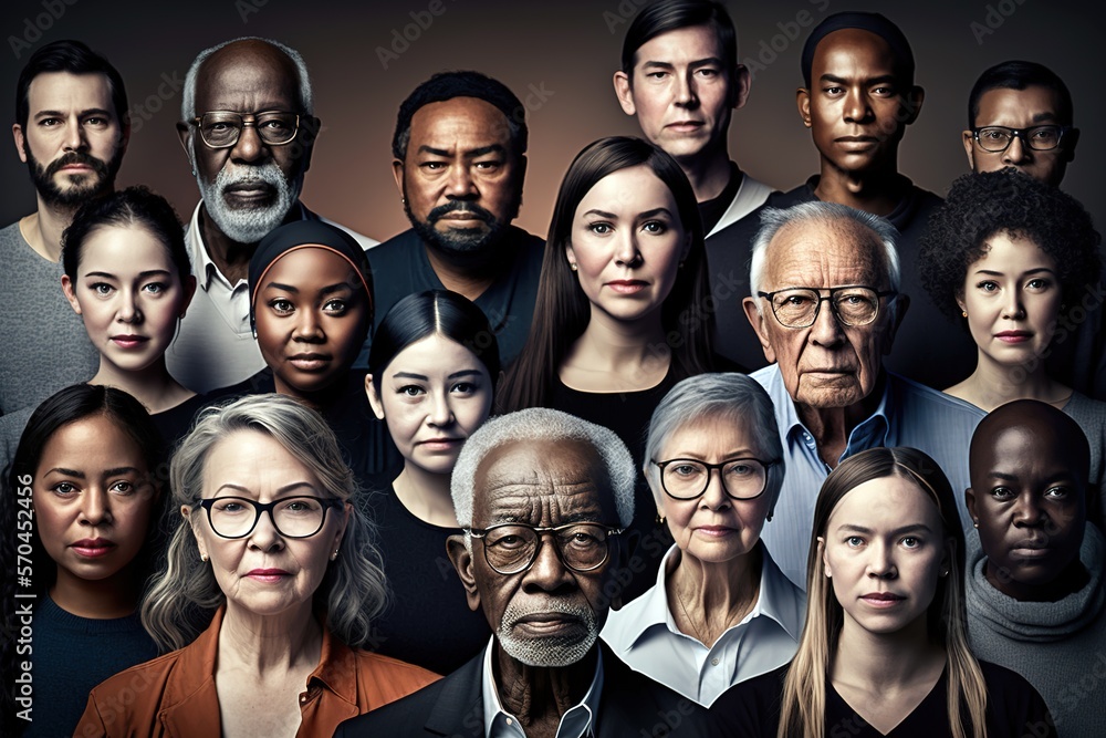 Multi ethnic group of people and different generations. Portrait studio ...