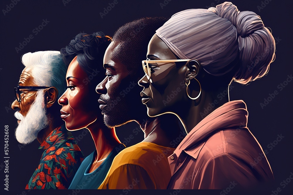 Profile portrait of African people of different generations. Black ...