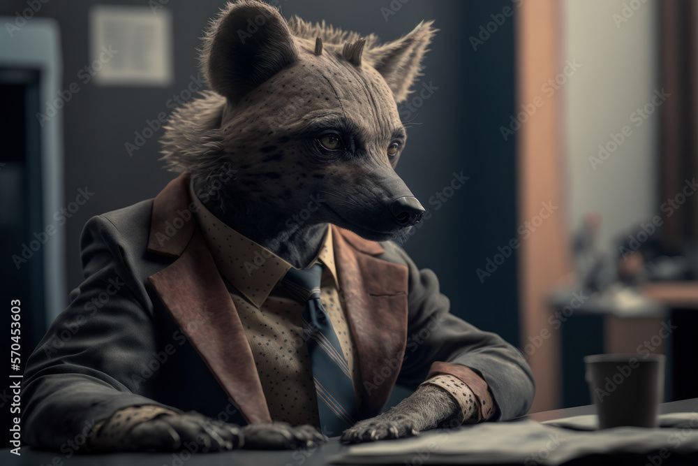 portrait of a hyena in a business suit at the office, generative ai ...