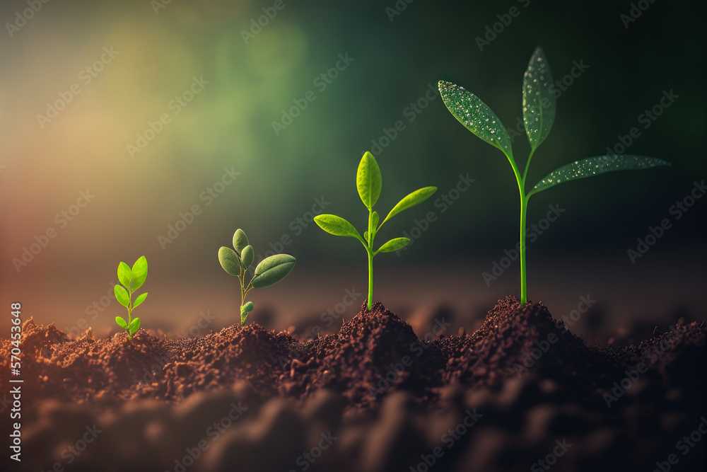 close up of tiny green seedlings sprouting in the ground forming a ...