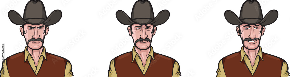 cowboy man face three expressions isolated user profile avatar heads ...