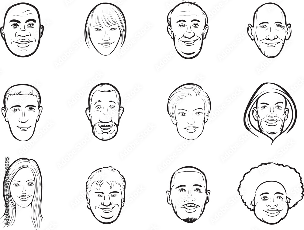 diverse people whiteboard drawing of isolated user profile avatar heads ...