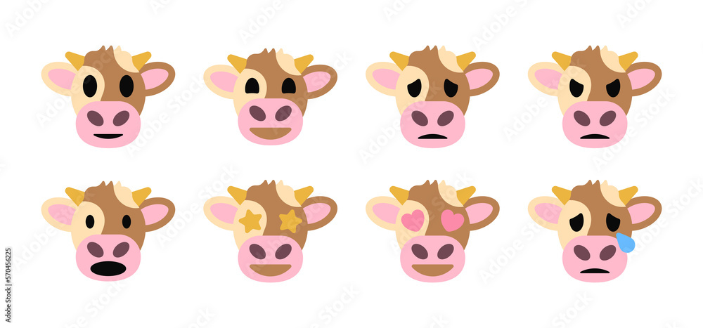Cow emoji set, vector cow faces, png cow emoticons, no background ...