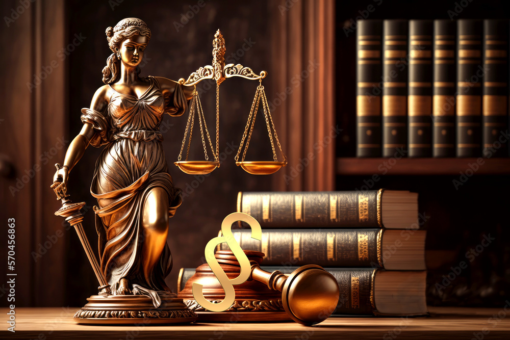 Law and justice theme. Judge chamber. Themis statue, gavel and scale on ...