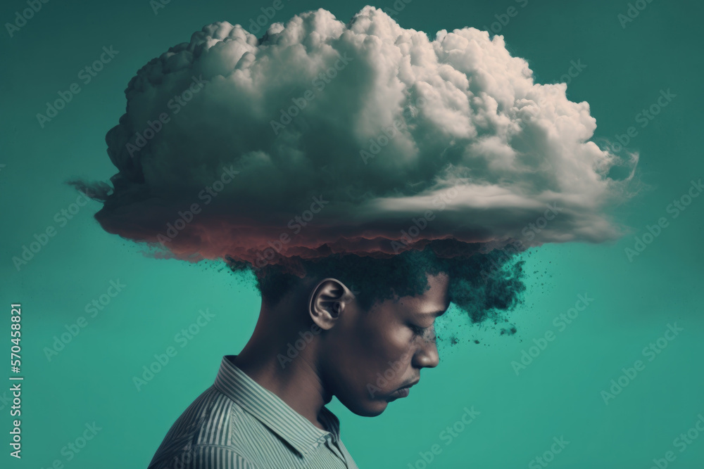 Young african american man with cloud over head. Mental health concept ...