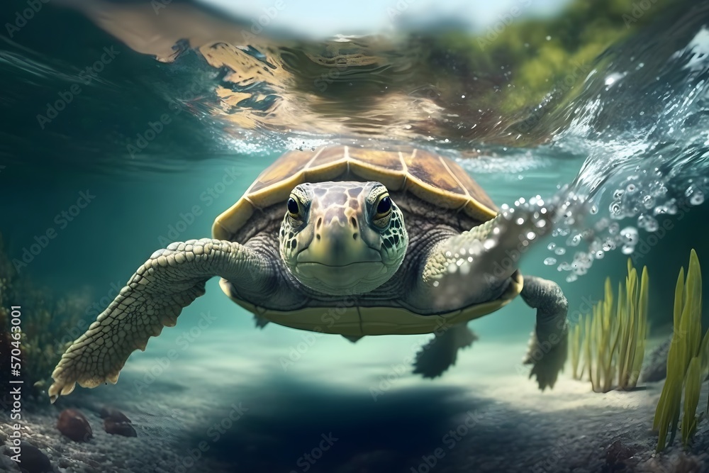 Tortoise under water created using AI Generative Technology Stock ...