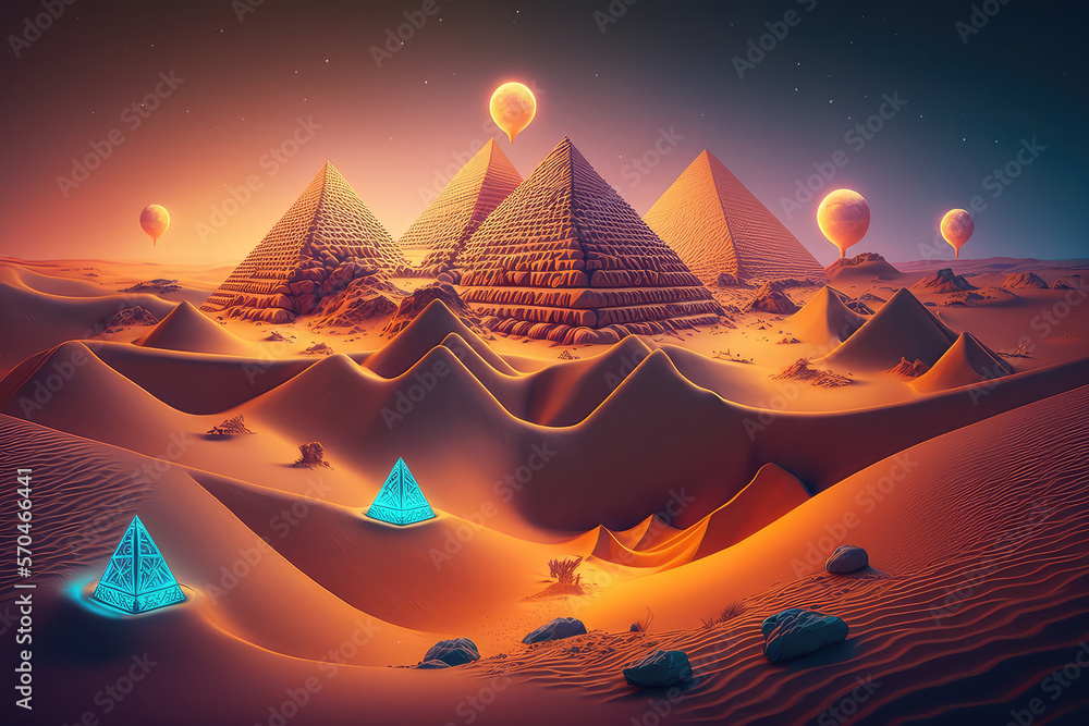 Desert with the great pyramids of ancient Egypt. Giza with pyramids ...