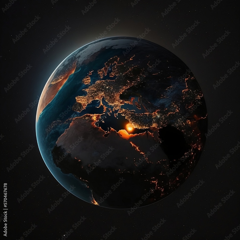 Planet earth in the dark side with light on from space Stock ...