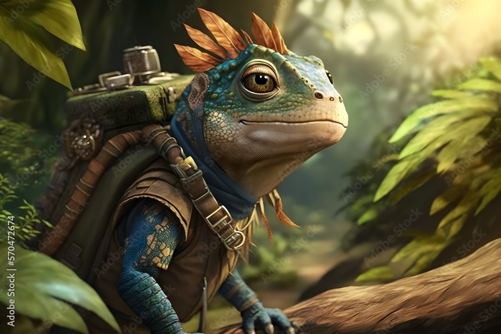 3d rendering of iguana character in jungle made with Generative AI ...