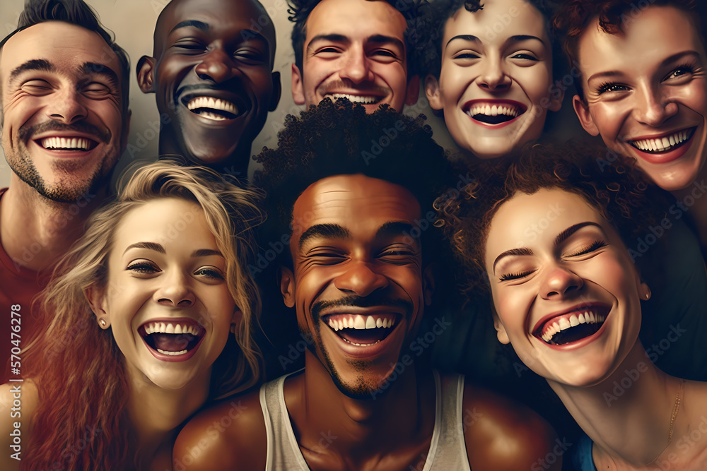 A happy, laughing and smiling wide angle photo of ethnically and ...