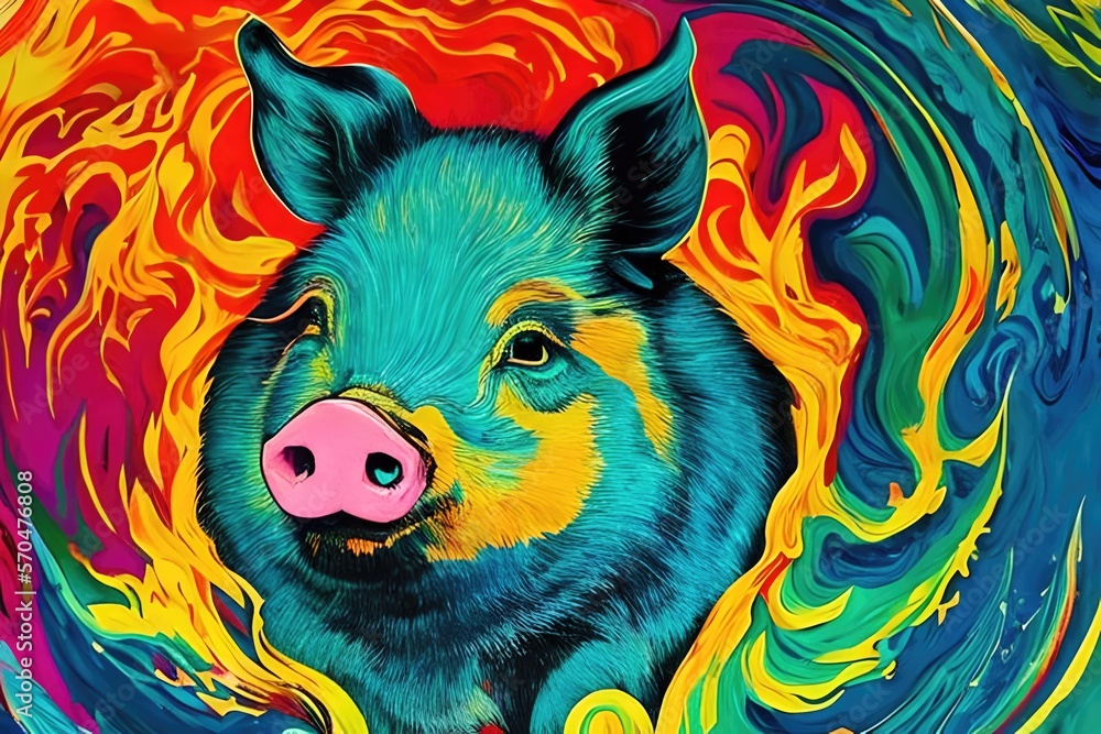 Pig, the head of a pig in a multi-colored flame. Abstract multicolored ...