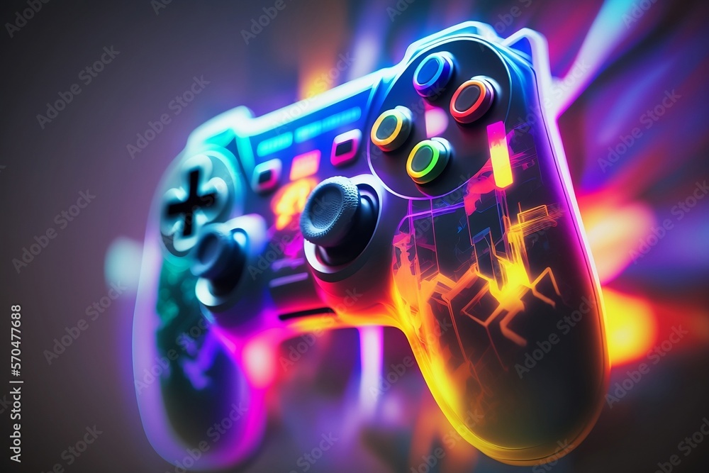 neon video game controller blurred background, generative AI, gamepad ...