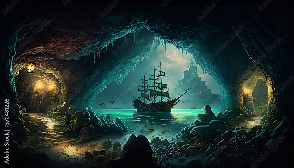 an underground ocean, a pirate ship in the foreground, fantasy city on ...