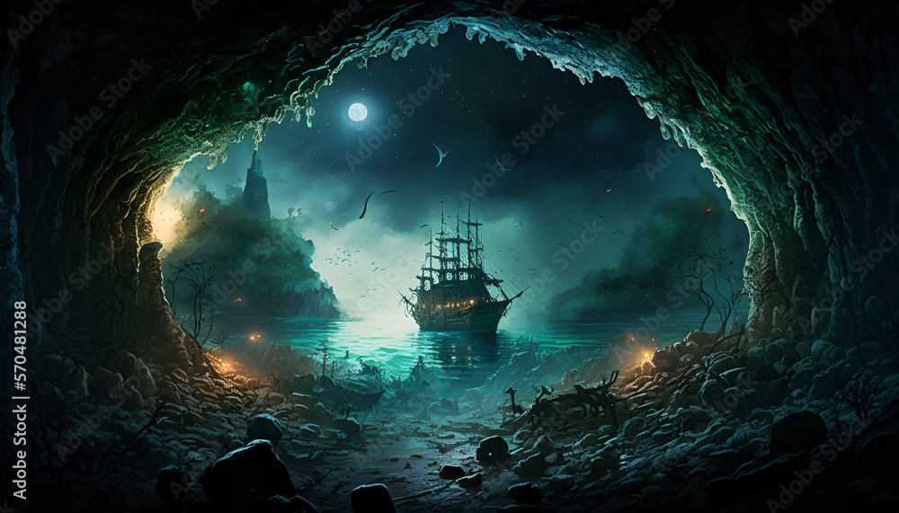 an underground ocean, a pirate ship in the foreground, fantasy city on ...