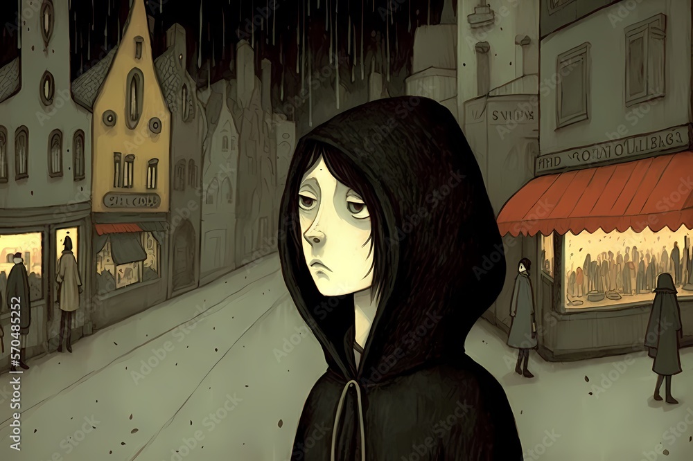Cartoon Goth Girl in a Raincoat Hoodie on an Rainy City Street at Night ...